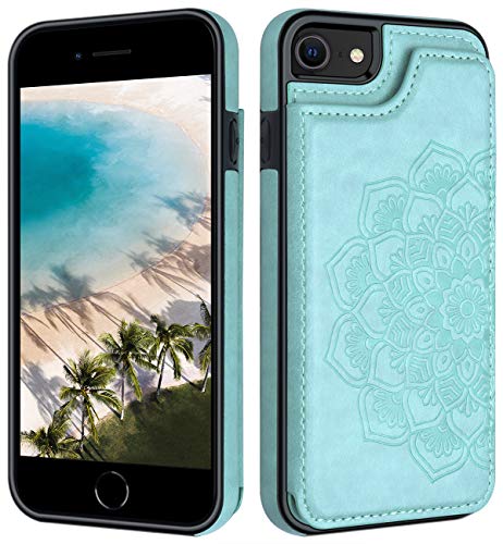 MMHUO for iPhone 7/8/SE 2020/SE 2022 Case with Card Holder,Flower Magnetic Back Flip Case for iPhone 7/8/SE 2020 Wallet Case for Women,Protective Case Phone Case for iPhone 7/8/SE 2020/SE 2022,Mint