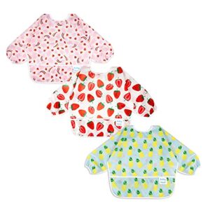 3 pcs waterproof baby bibs | long sleeves weaning smock bib with food catcher pocket for toddler eating | baby led weaning | full cover wearable sleeved bibs shirt bib set | 6-24 months