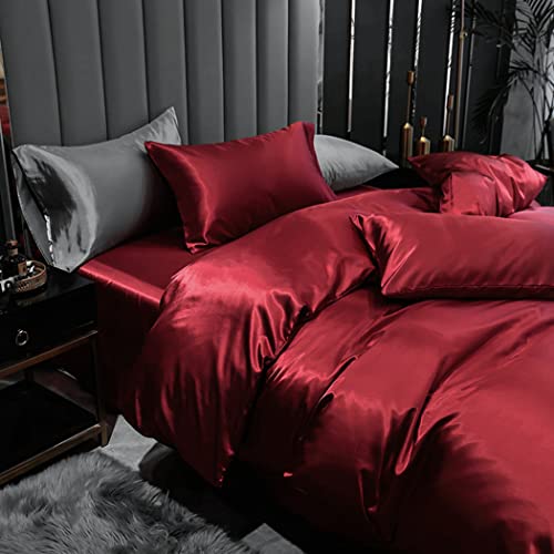 3 Pieces Silk Like Comforter Cover Set with Zipper Closure, Microfiber Luxury Breathable Ultra Soft Bedding Duvet Cover Set, Solid Color Modern Quilt Cover Set,Red,Queen(90''x90'')