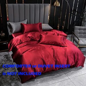 3 Pieces Silk Like Comforter Cover Set with Zipper Closure, Microfiber Luxury Breathable Ultra Soft Bedding Duvet Cover Set, Solid Color Modern Quilt Cover Set,Red,Queen(90''x90'')