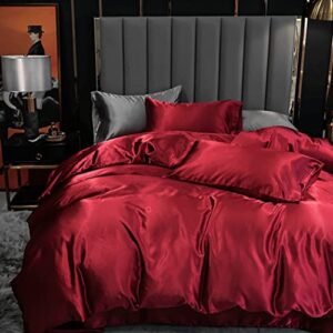 3 Pieces Silk Like Comforter Cover Set with Zipper Closure, Microfiber Luxury Breathable Ultra Soft Bedding Duvet Cover Set, Solid Color Modern Quilt Cover Set,Red,Queen(90''x90'')