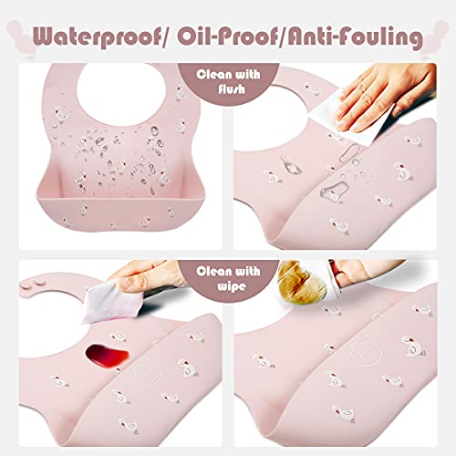 Little Dimsum Silicone Baby Bibs Soft Comfortable Baby Food Bibs Waterproof Feeding Bibs Toddlers Adjustable Silicone Bibs Baby with Food Catcher Easy Wipes Clean,Duck&sheep