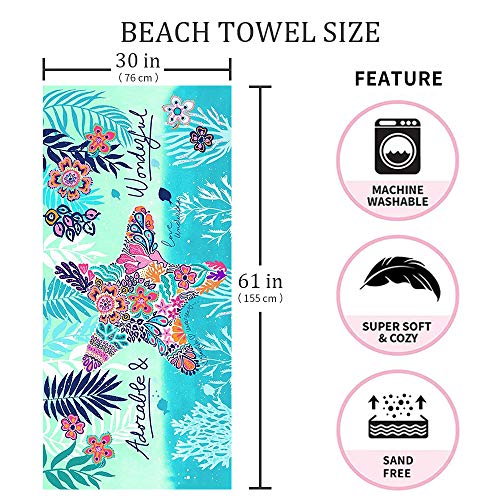 Auxory Beach Towel,30"x60" Microfiber Beach Towels for Travel, Quick Dry Towel for Swimmers Sand Proof Beach Towels for Women Men Girls Kids, Cool Pool Towels Beach Accessories Absorbent Towel