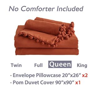 Andency Pom Pom Fringe Duvet Cover Queen Size (90x90 Inch), 3 Pieces (1 Solid Orange Duvet Cover, 2 Pillowcases) Soft Washed Microfiber Duvet Cover Set with Zipper Closure, Corner Ties