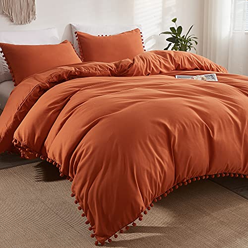 Andency Pom Pom Fringe Duvet Cover Queen Size (90x90 Inch), 3 Pieces (1 Solid Orange Duvet Cover, 2 Pillowcases) Soft Washed Microfiber Duvet Cover Set with Zipper Closure, Corner Ties