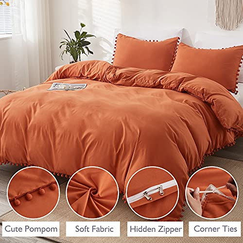 Andency Pom Pom Fringe Duvet Cover Queen Size (90x90 Inch), 3 Pieces (1 Solid Orange Duvet Cover, 2 Pillowcases) Soft Washed Microfiber Duvet Cover Set with Zipper Closure, Corner Ties