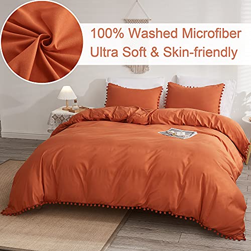 Andency Pom Pom Fringe Duvet Cover Queen Size (90x90 Inch), 3 Pieces (1 Solid Orange Duvet Cover, 2 Pillowcases) Soft Washed Microfiber Duvet Cover Set with Zipper Closure, Corner Ties