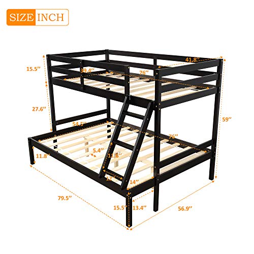 Twin Over Full Bunk Bed with Ladder, Solid Wood Bunk Beds Twin Over Full Size with Guardrail, Twin Over Full Bunk Bed Frame, Can Be Separated Into Twin/Full Size Bed, No Box Spring Needed (Espresso)