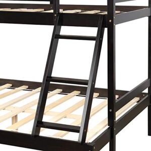 Twin Over Full Bunk Bed with Ladder, Solid Wood Bunk Beds Twin Over Full Size with Guardrail, Twin Over Full Bunk Bed Frame, Can Be Separated Into Twin/Full Size Bed, No Box Spring Needed (Espresso)