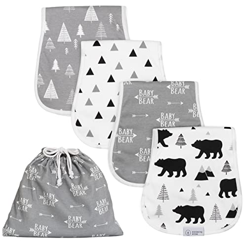 Pondering Pine Organic Burp Cloths with Burp Cloth Bag - Baby Bear Burping Cloths for Boy or Girl - XLarge Soft Spit Up Rags, Extra Absorbent, Woodland Nursery, 4 Pack