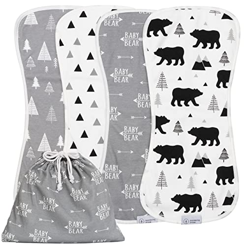 Pondering Pine Organic Burp Cloths with Burp Cloth Bag - Baby Bear Burping Cloths for Boy or Girl - XLarge Soft Spit Up Rags, Extra Absorbent, Woodland Nursery, 4 Pack