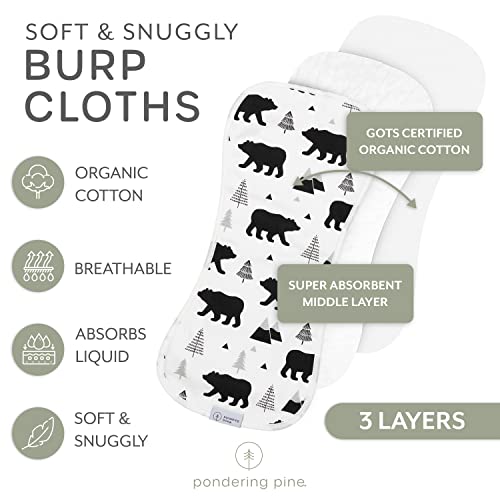 Pondering Pine Organic Burp Cloths with Burp Cloth Bag - Baby Bear Burping Cloths for Boy or Girl - XLarge Soft Spit Up Rags, Extra Absorbent, Woodland Nursery, 4 Pack