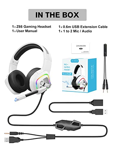 ZIUMIER Z66 White Gaming Headset with Microphone, Wired Over-Ear Headphone for PC PS4 PS5 Xbox One Controller, RGB LED Light, Bass Surround Sound