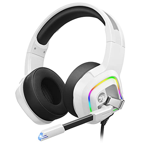 ZIUMIER Z66 White Gaming Headset with Microphone, Wired Over-Ear Headphone for PC PS4 PS5 Xbox One Controller, RGB LED Light, Bass Surround Sound