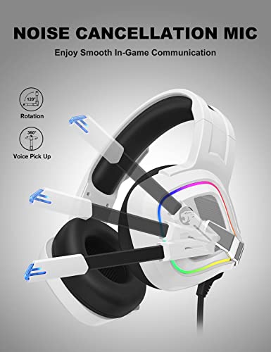 ZIUMIER Z66 White Gaming Headset with Microphone, Wired Over-Ear Headphone for PC PS4 PS5 Xbox One Controller, RGB LED Light, Bass Surround Sound