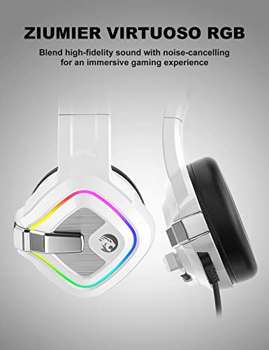 ZIUMIER Z66 White Gaming Headset with Microphone, Wired Over-Ear Headphone for PC PS4 PS5 Xbox One Controller, RGB LED Light, Bass Surround Sound