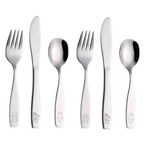 annova children's flatware 6 pieces set - stainless steel cutlery/silverware 2 x safe forks, 2 x dinner knife, 2 x dinner spoon - safe kids toddler utensils lunch box (engraved dog cat bunny)