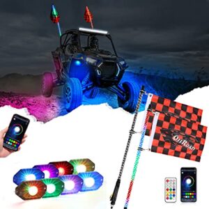 auxbeam 8 pods rgb led rock lights + 3ft rgb led lighted whips w/brake & turn signal light 2pcs, bluetooth multicolor neon accent lights for atv utv suv trucks boat