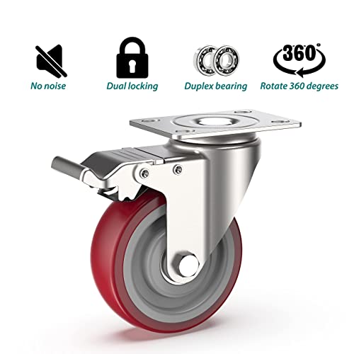 4 inch Heavy Duty Plate Casters Swivel Caster Wheels with Safety Total Lock, Total Capacity 1200lbs (Pack of 4,Red)