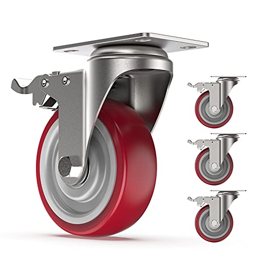 4 inch Heavy Duty Plate Casters Swivel Caster Wheels with Safety Total Lock, Total Capacity 1200lbs (Pack of 4,Red)