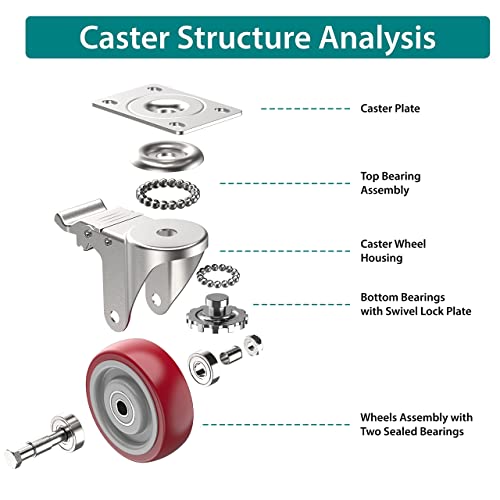 4 inch Heavy Duty Plate Casters Swivel Caster Wheels with Safety Total Lock, Total Capacity 1200lbs (Pack of 4,Red)