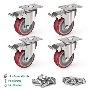 4 inch Heavy Duty Plate Casters Swivel Caster Wheels with Safety Total Lock, Total Capacity 1200lbs (Pack of 4,Red)