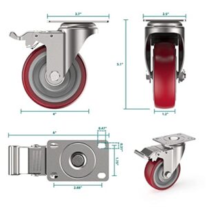 4 inch Heavy Duty Plate Casters Swivel Caster Wheels with Safety Total Lock, Total Capacity 1200lbs (Pack of 4,Red)