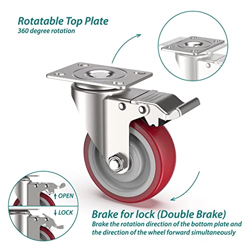 4 inch Heavy Duty Plate Casters Swivel Caster Wheels with Safety Total Lock, Total Capacity 1200lbs (Pack of 4,Red)