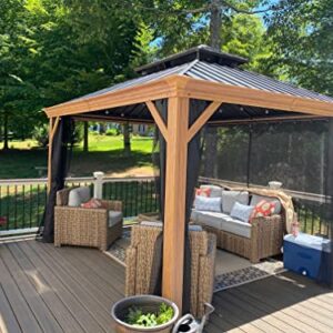 PURPLE LEAF 10' X 12' Outdoor Hardtop Gazebo for Patio Galvanized Steel Double Roof Permanent Canopy Teak Finish Coated Aluminum Frame Pavilion Gazebo with Netting