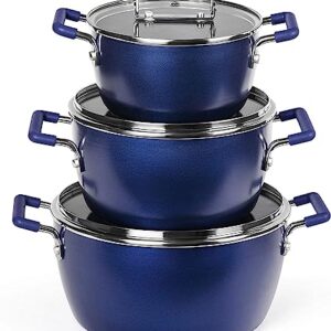 Granitestone 6 Pc Stackable Pot Set, Nesting Non Stick Pots with Lids, Cooking Pots Set, Stock Pot Set with 1.5/3 / 5 Qt Pots with Lids, Induction Cookware, Dishwasher Safe, Non Toxic - Blue