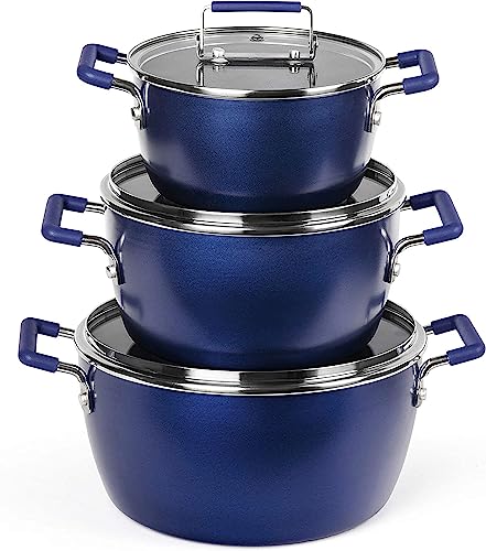 Granitestone 6 Pc Stackable Pot Set, Nesting Non Stick Pots with Lids, Cooking Pots Set, Stock Pot Set with 1.5/3 / 5 Qt Pots with Lids, Induction Cookware, Dishwasher Safe, Non Toxic - Blue