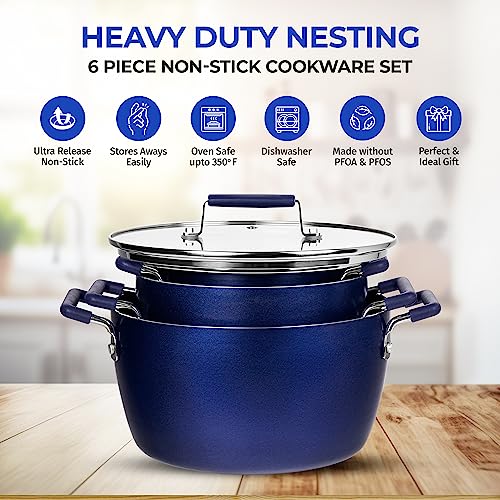 Granitestone 6 Pc Stackable Pot Set, Nesting Non Stick Pots with Lids, Cooking Pots Set, Stock Pot Set with 1.5/3 / 5 Qt Pots with Lids, Induction Cookware, Dishwasher Safe, Non Toxic - Blue