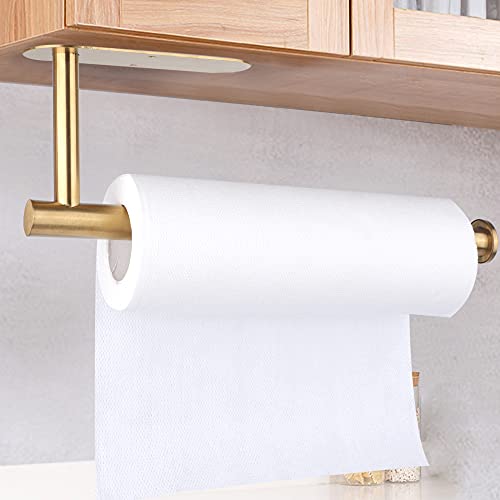 Gold Paper Towel Holder Under Cabinet Mount Wall Kitchen Countertop Paper Towel Rack with Adhesive and Screws, Stainless Steel Resistant Corrosion & Rust