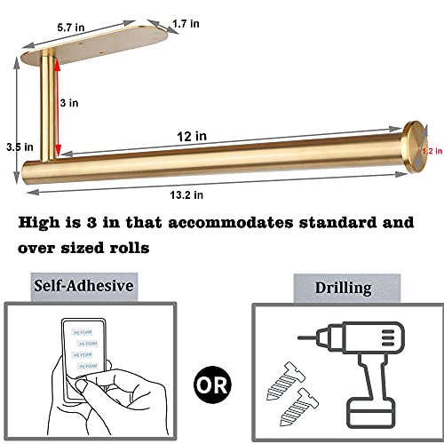 Gold Paper Towel Holder Under Cabinet Mount Wall Kitchen Countertop Paper Towel Rack with Adhesive and Screws, Stainless Steel Resistant Corrosion & Rust