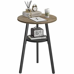 cubicubi round end table, side table with wooden shelves, 2-tier rustic vintage table for living room bedroom, metal frames and wooden boards, greige