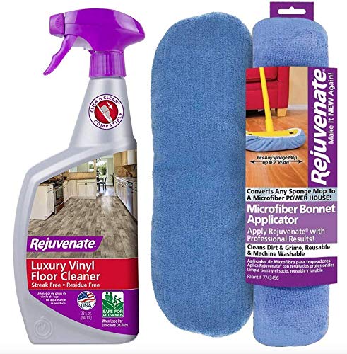 Rejuvenate High Performance Luxury Vinyl Tile Plank Floor Cleaner pH Neutral Formula Doesn't Leave Streaks 32oz w/Microfiber Bonnet Applicators - Washable and Reusable Microfiber Mop Bonnet