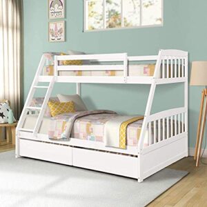 U/D Twin Over Full Bunk Bed, Solid Wood Bunk Bed Frame with Two Storage Drawers, Idea for Kids/Teens, No Box Spring Needed (White GYIDQX