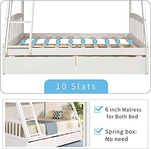 U/D Twin Over Full Bunk Bed, Solid Wood Bunk Bed Frame with Two Storage Drawers, Idea for Kids/Teens, No Box Spring Needed (White GYIDQX