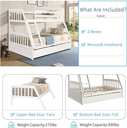 U/D Twin Over Full Bunk Bed, Solid Wood Bunk Bed Frame with Two Storage Drawers, Idea for Kids/Teens, No Box Spring Needed (White GYIDQX