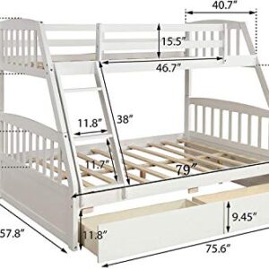 U/D Twin Over Full Bunk Bed, Solid Wood Bunk Bed Frame with Two Storage Drawers, Idea for Kids/Teens, No Box Spring Needed (White GYIDQX