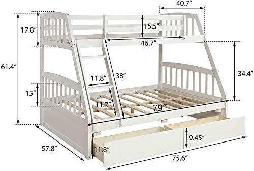 U/D Twin Over Full Bunk Bed, Solid Wood Bunk Bed Frame with Two Storage Drawers, Idea for Kids/Teens, No Box Spring Needed (White GYIDQX