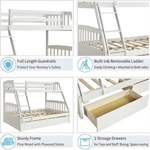 U/D Twin Over Full Bunk Bed, Solid Wood Bunk Bed Frame with Two Storage Drawers, Idea for Kids/Teens, No Box Spring Needed (White GYIDQX