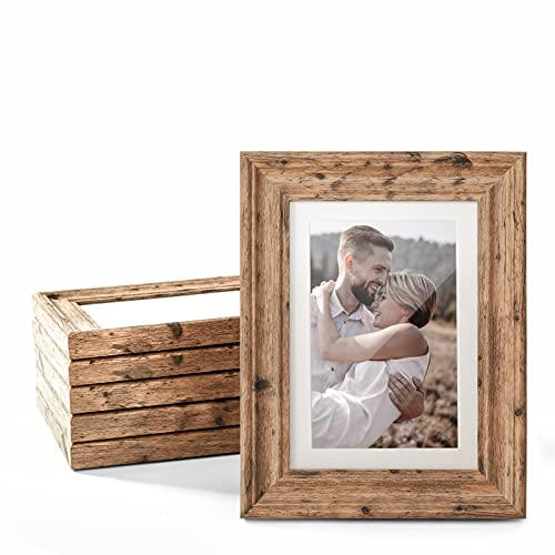 TWING 5x7 Picture Frames Set of 6, Rustic Farmhouse Picture Frame 4x6 with Mat or 5X7 Without Mat, Tabletop Display and Wall Mounting Home Decorative collage picture Photo Frames Wood Brown,Walnut