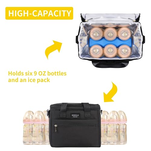 Xinsilu Breastmilk Cooler Bag Travel Black Baby Bottle Cooler Bag with Ice Pack Fits 6 Baby Bottles Cooler Bag Large Capacity Insulated Bottle Bag for Travel Baby Milk Daycare