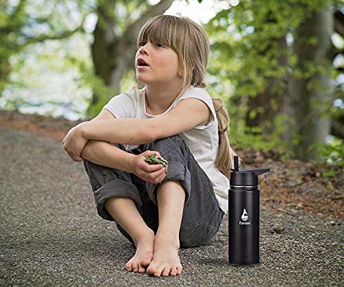 Farsea Insulated Water Bottle with Straw Lid & Spout Lid & Paracord Handle, Stainless Steel Water Bottle Wide Mouth, Double Wall Sweat-Proof BPA-Free, 18 oz, Black