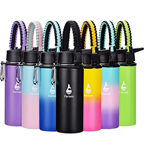 Farsea Insulated Water Bottle with Straw Lid & Spout Lid & Paracord Handle, Stainless Steel Water Bottle Wide Mouth, Double Wall Sweat-Proof BPA-Free, 18 oz, Black