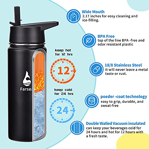 Farsea Insulated Water Bottle with Straw Lid & Spout Lid & Paracord Handle, Stainless Steel Water Bottle Wide Mouth, Double Wall Sweat-Proof BPA-Free, 18 oz, Black