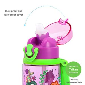 2 Pack Cute Water Bottles with Straw for Kids Girls Boys, BPA FREE Tritan & Leak Proof One Click Open Flip Top & Silicone Sipper & Secure Lock & Soft Carry Loop, 14oz / 400ml (Unicorn & Mermaid 2)