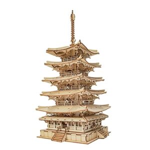 robotime 3d puzzle wooden craft kits for adults diy model building kit best gift for kids (five-storied pagoda)