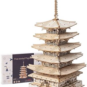 ROBOTIME 3D Puzzle Wooden Craft Kits for Adults DIY Model Building Kit Best Gift for Kids (Five-Storied Pagoda)